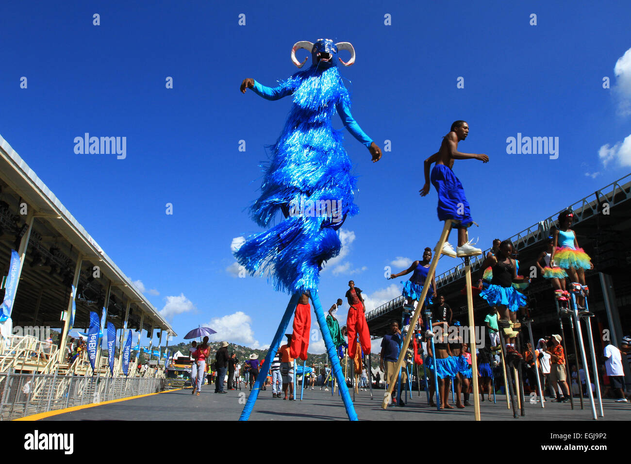 Moko Jumbies dance on the Queen's Park Savannah Stage during the ...