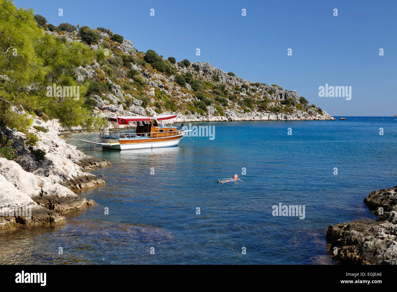 Small Gulet boat in craggy cove, Kekova, near Kas, Lycia, Antalya ...
