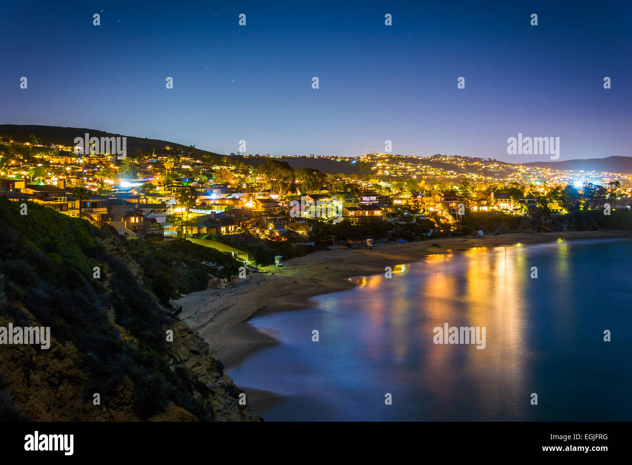 View of the Pacific Ocean and Laguna Beach at night, from Crescent Bay ...