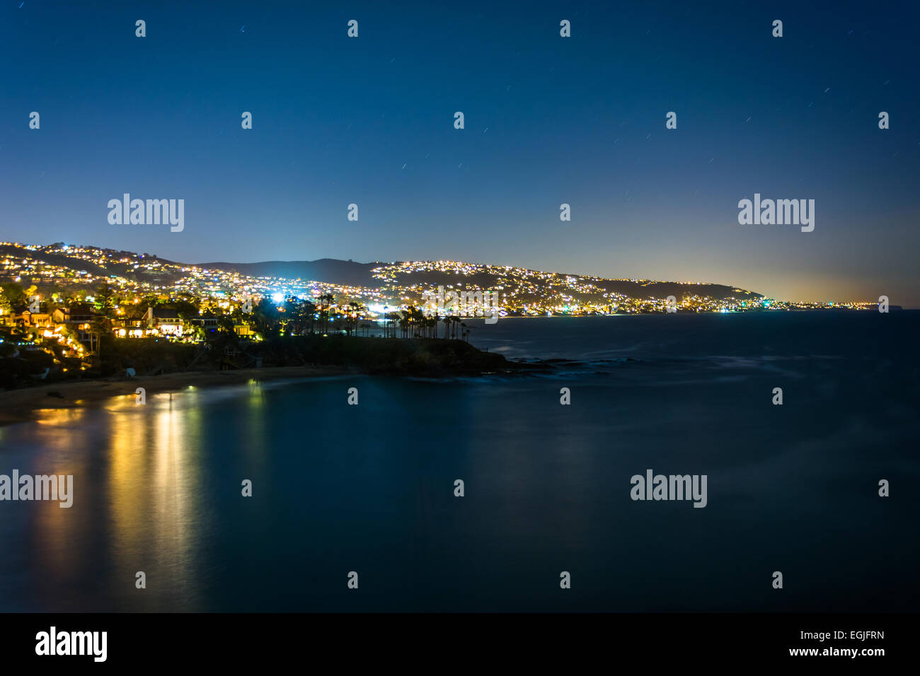 View of the Pacific Ocean and Laguna Beach at night, from Crescent Bay ...
