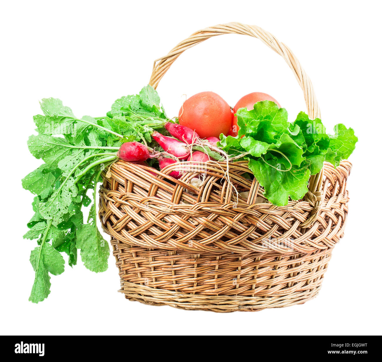 radish, tomato, lettuce, basket isolated on white background Stock ...