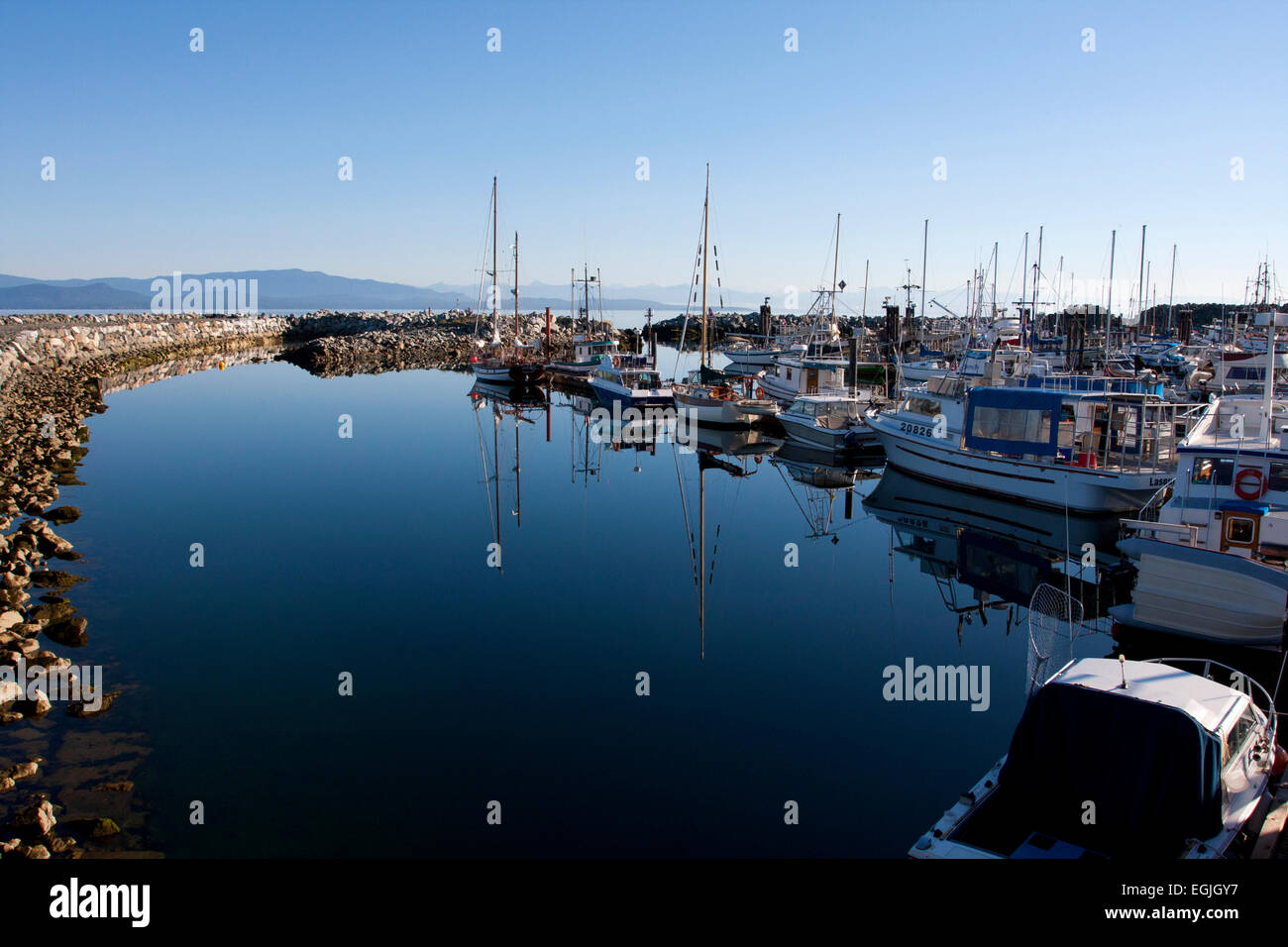 French Creek marina showing breakwater and boats, Vancouver Island, BC ...