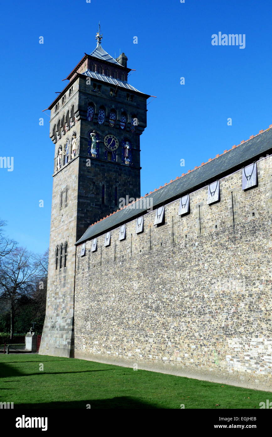 Wall and Clock Tower, Cardiff Castle, Wales, UK Stock Photo - Alamy