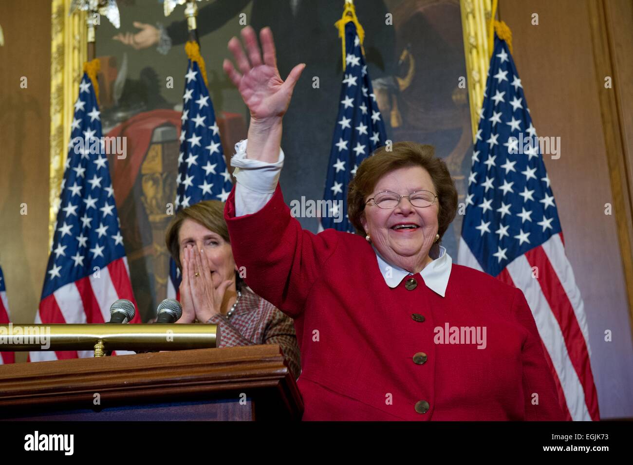 US Democratic Senator Barbara Mikulski smiles and waves during a ...