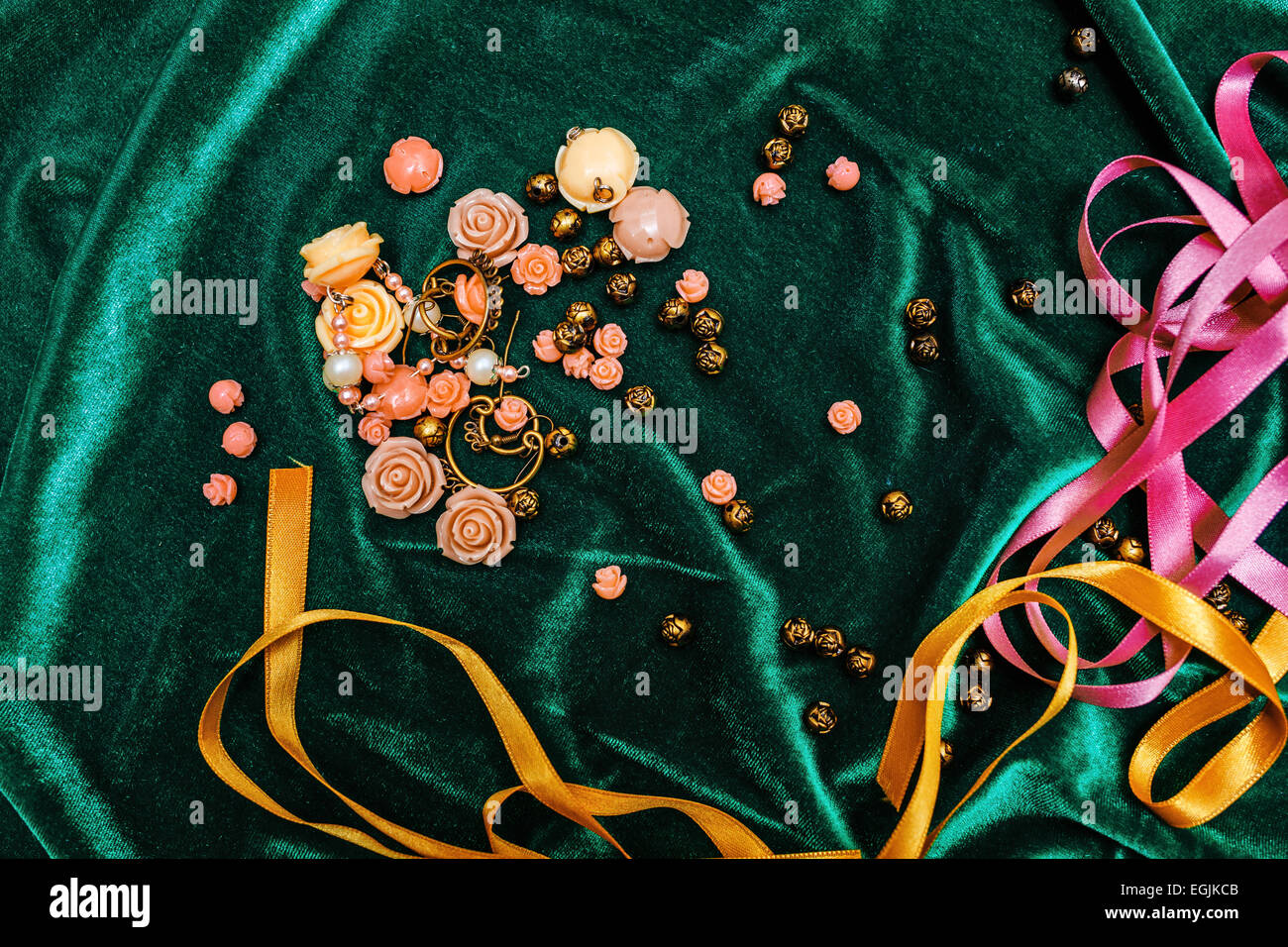 Buttons and ribbons on fabric Stock Photo - Alamy
