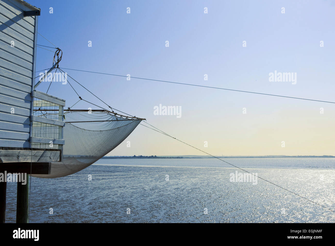 Fisherman hut and net facing the Garonne, South West of France Stock ...