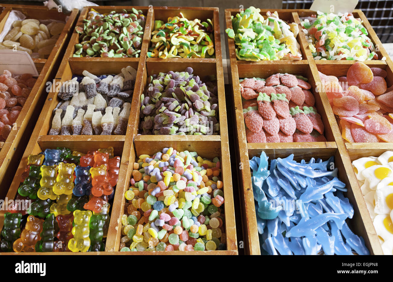 Gummy candy in the market, artisan detail gummy in a typical Spanish ...