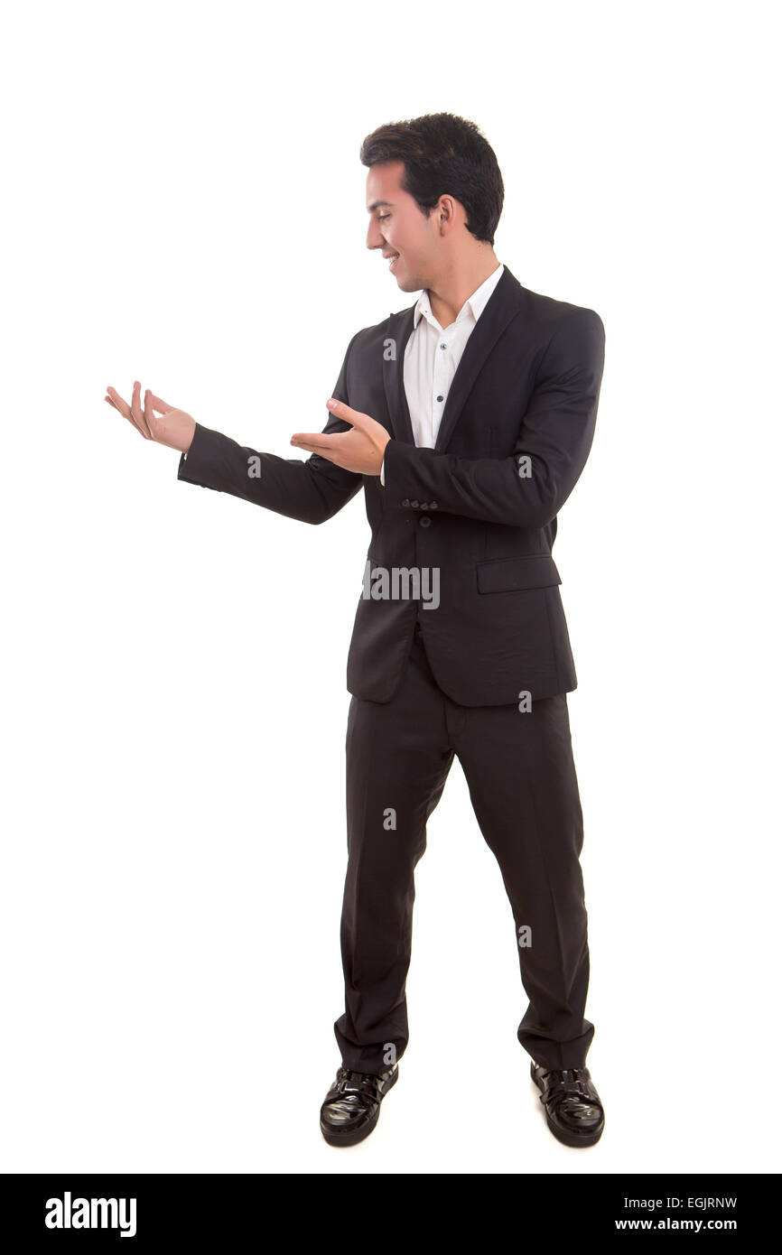 Young man presenting your product, isolated over a white background ...