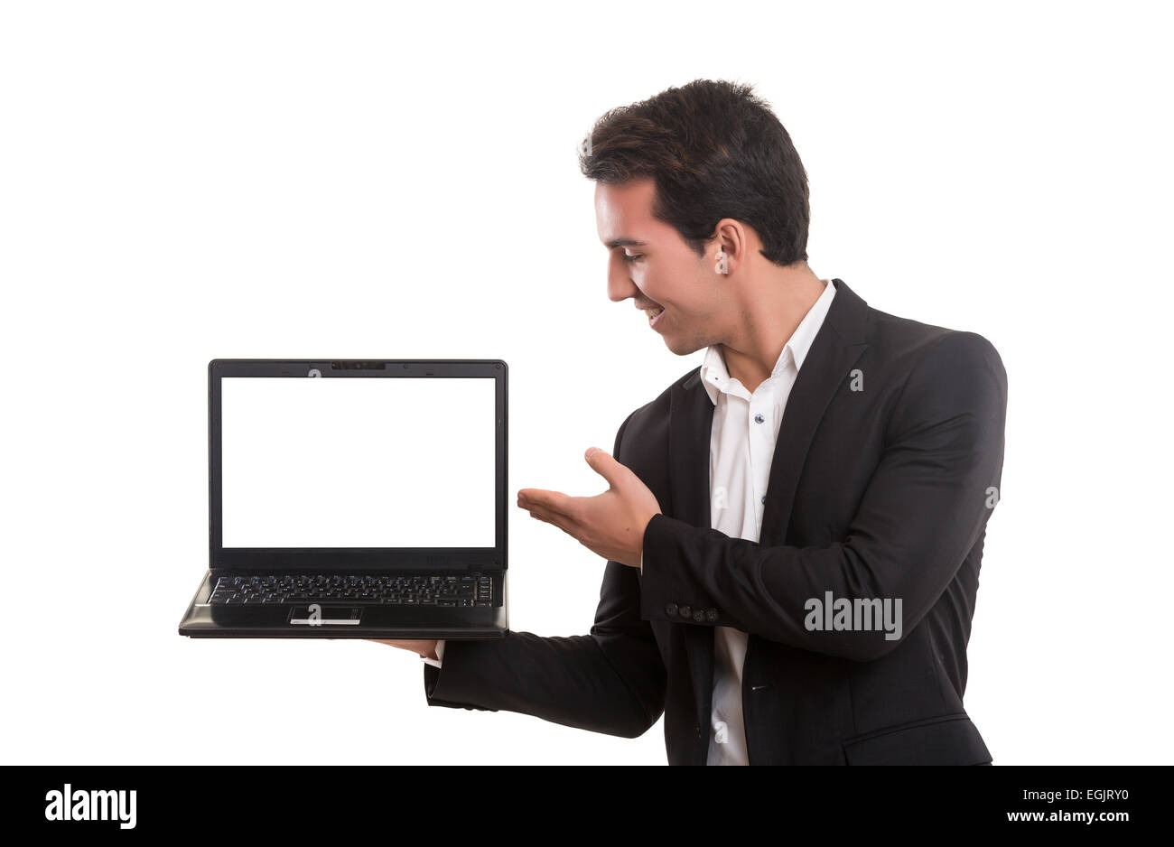 Young man presenting your product in a laptop computer Stock Photo - Alamy