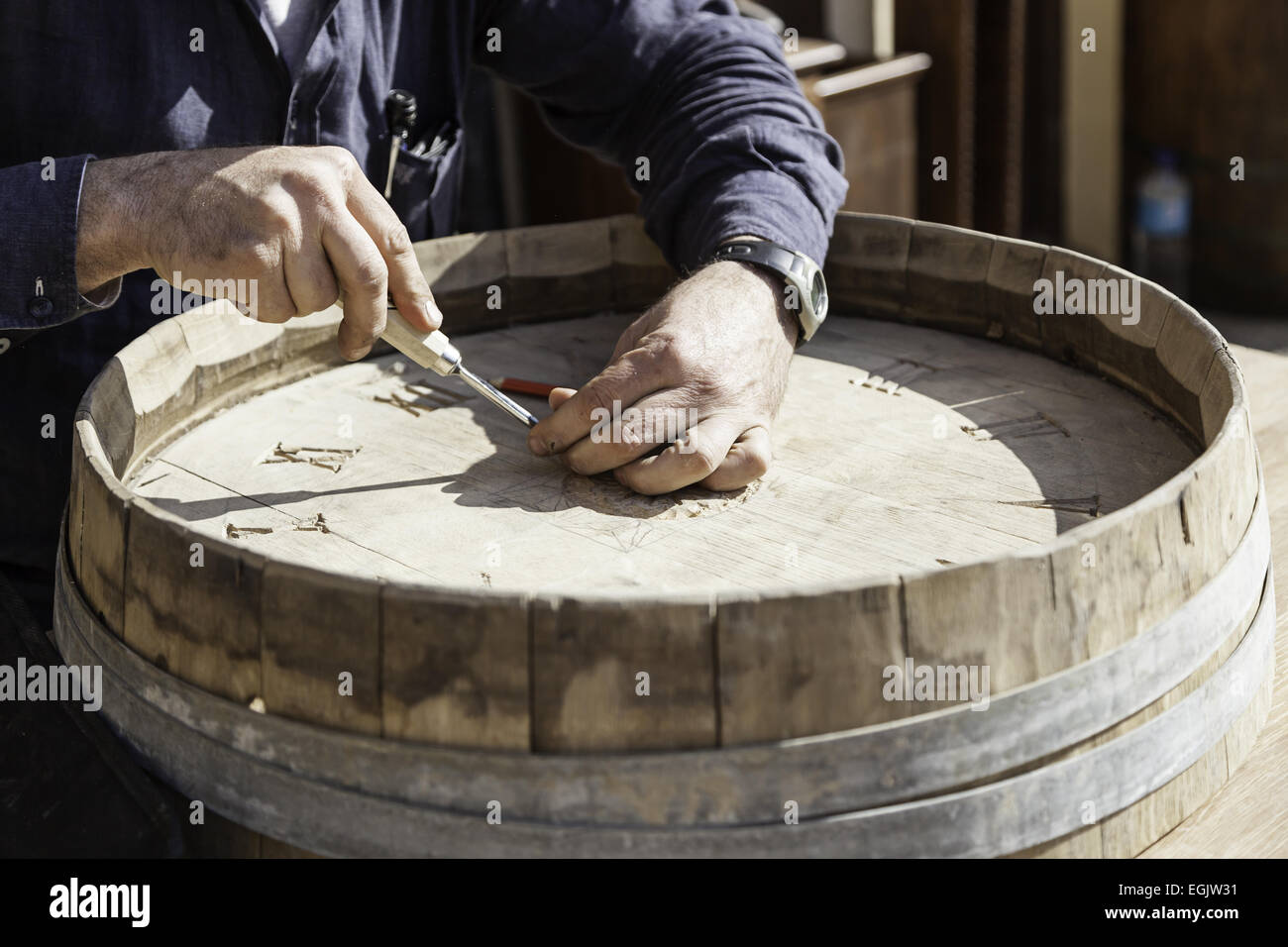 Man carving wood, detail of a manual woodworker, ancient craft and ...