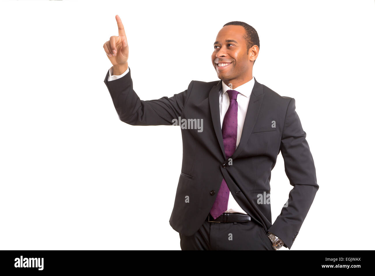 African business man pressing key, isolated over white Stock Photo - Alamy