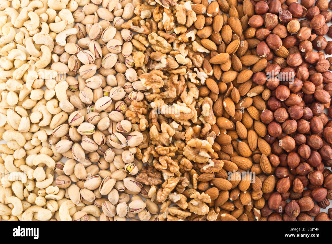Surface covered with different nuts Stock Photo - Alamy