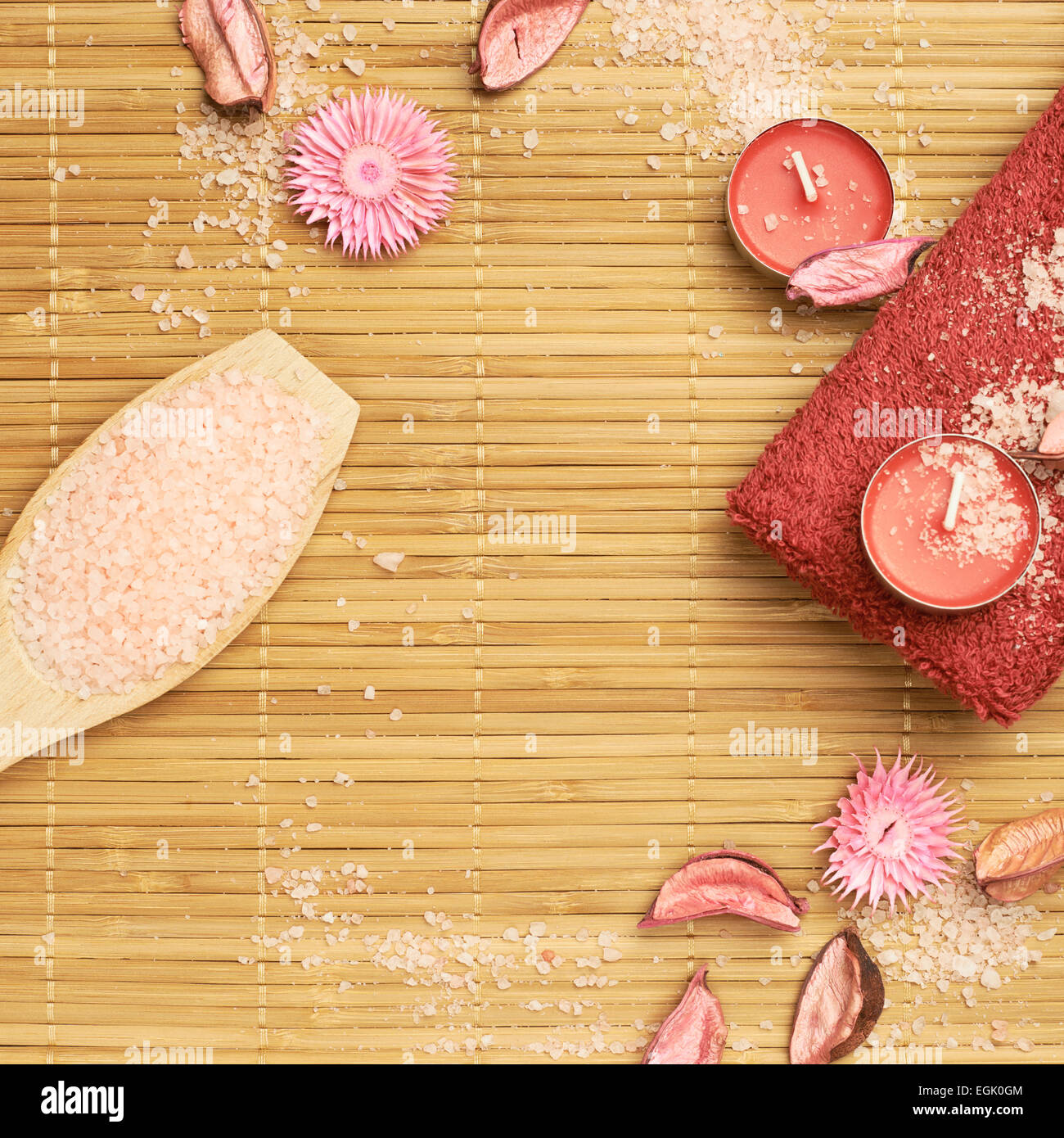 Potpourri, candles, towel, salt composition Stock Photo - Alamy