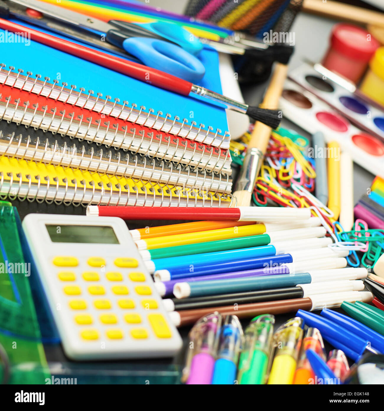 Desk covered with multiple stationery Stock Photo - Alamy