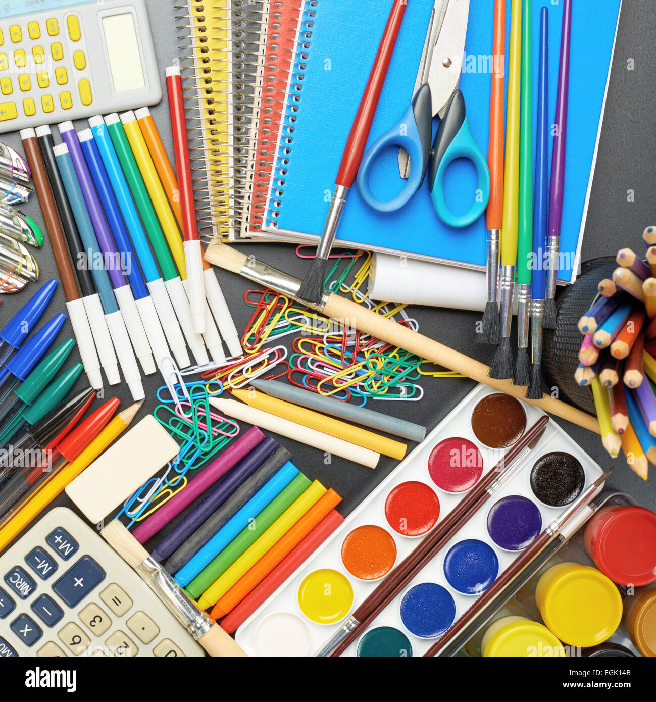 Desk covered with multiple stationery Stock Photo - Alamy