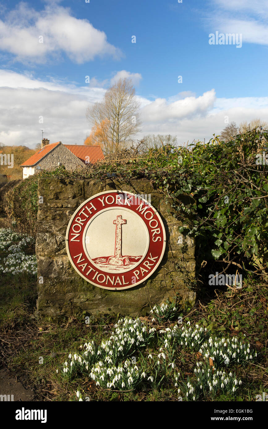 The North York Moors road sign and Snowdrops at Coxwold Stock Photo - Alamy