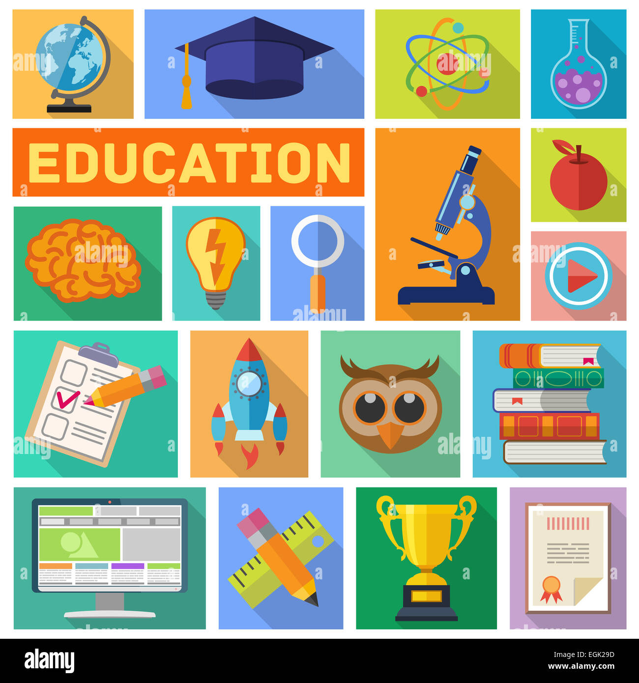 Online Education and E-learning Flat Icon Set for Flyer, Poster, Web ...
