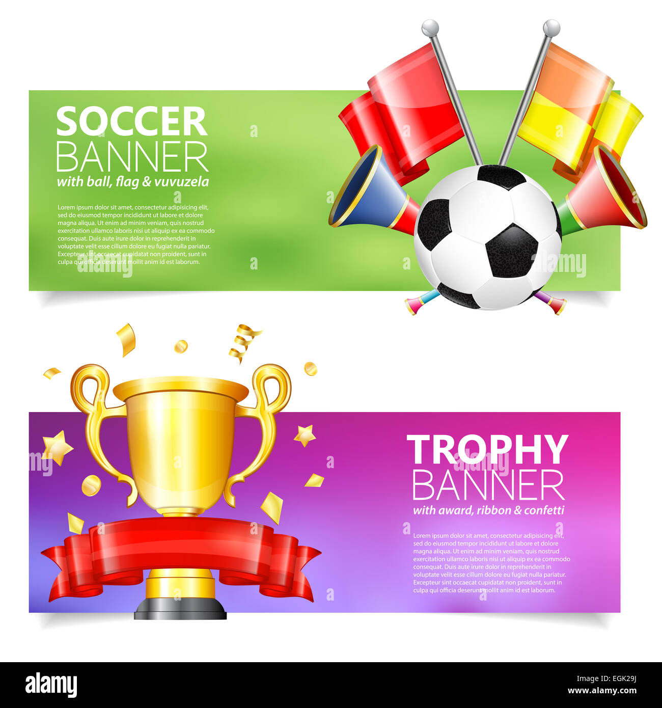 Two Soccer Banners with Soccer Ball, Flags, vuvuzela, cup and ribbon in ...
