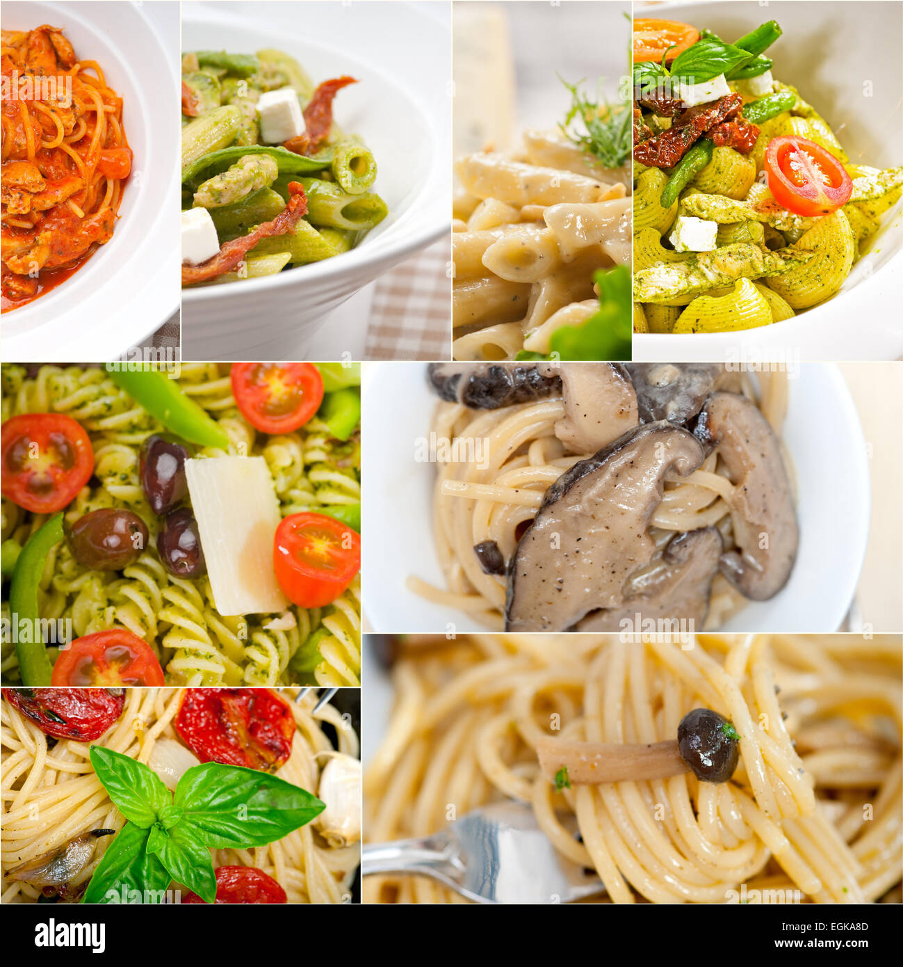collection of different type of Italian pasta on collage white frame ...