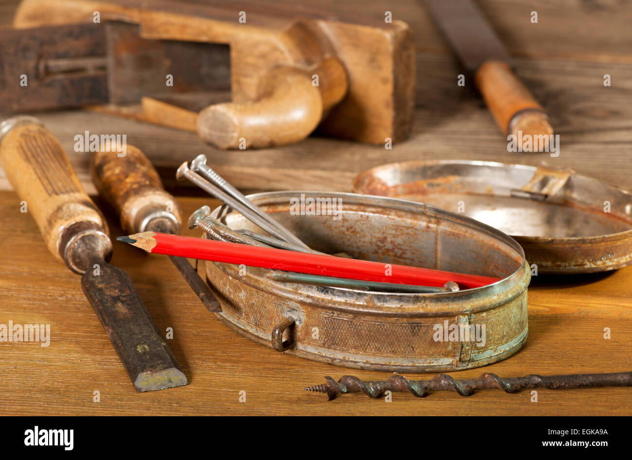 still life with old tools and nails Stock Photo - Alamy