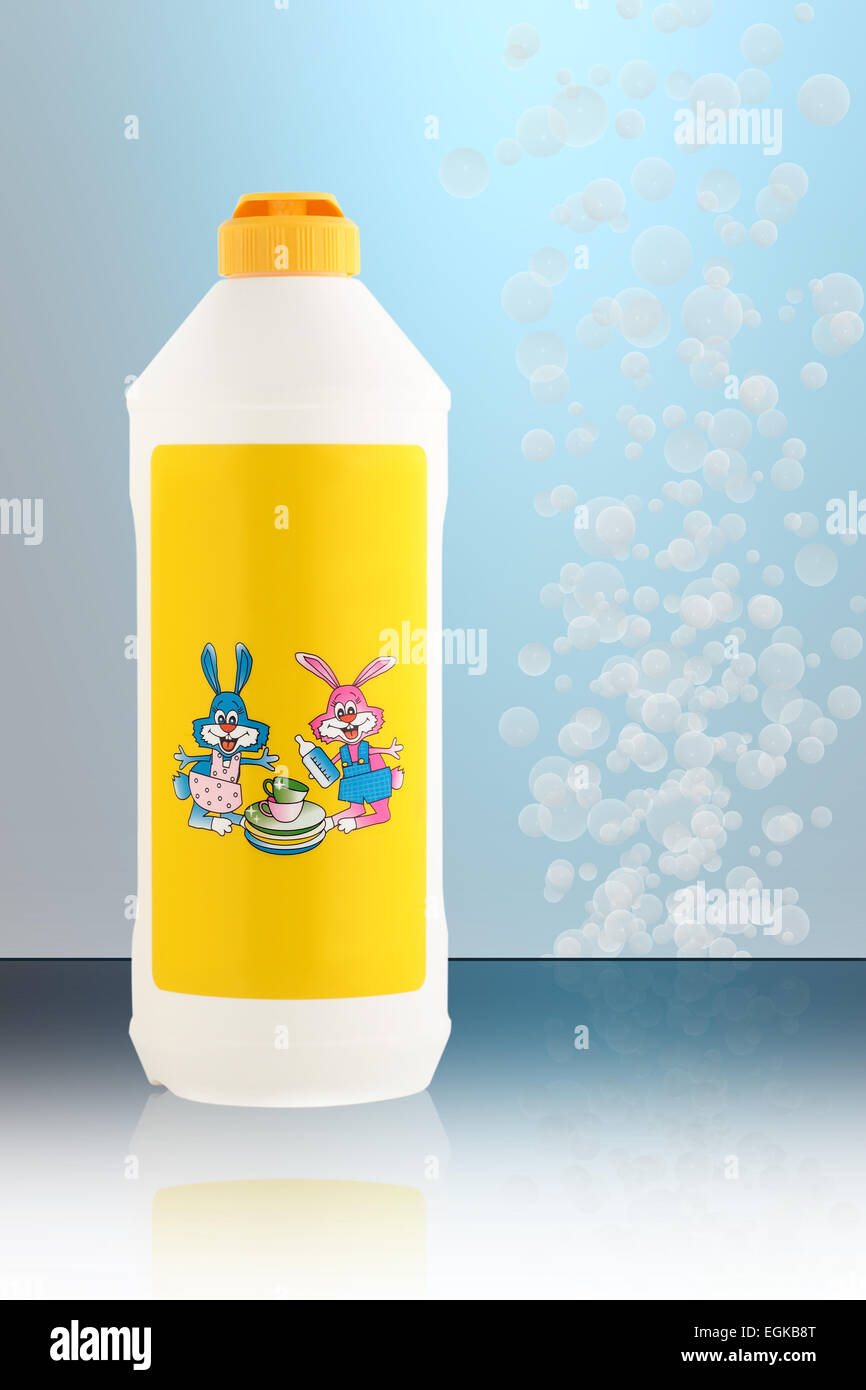 Detergent for ware on a blue background with soap bubbles Stock Photo ...
