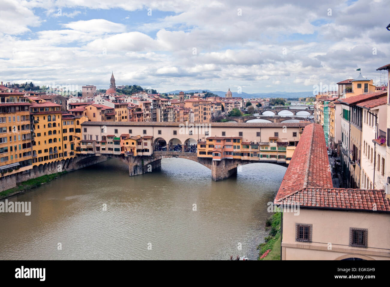 View of the river Arno and the bridges. Ponte Vecchio. Florence is the ...