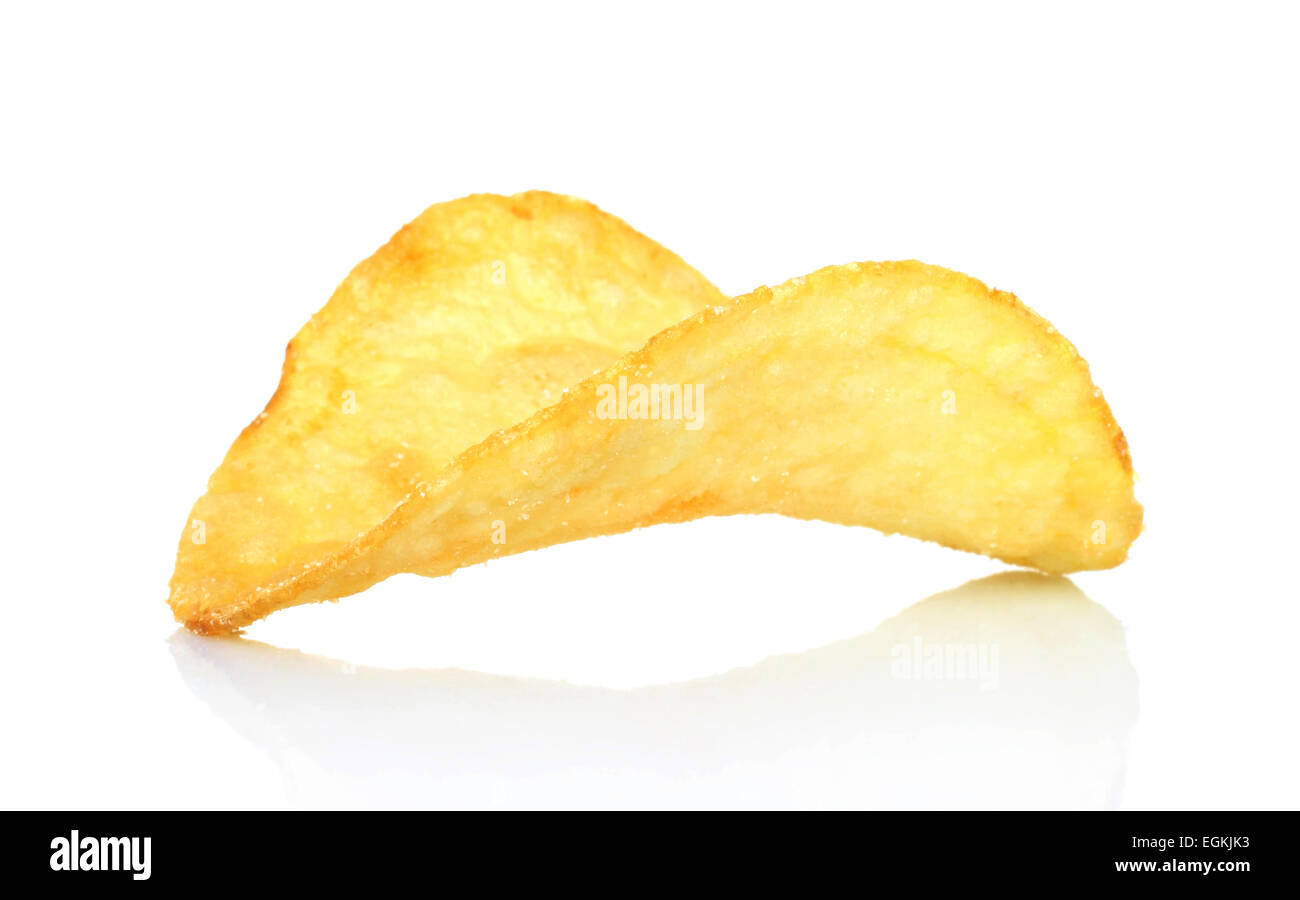 Single potato chip on white background close-up Stock Photo - Alamy