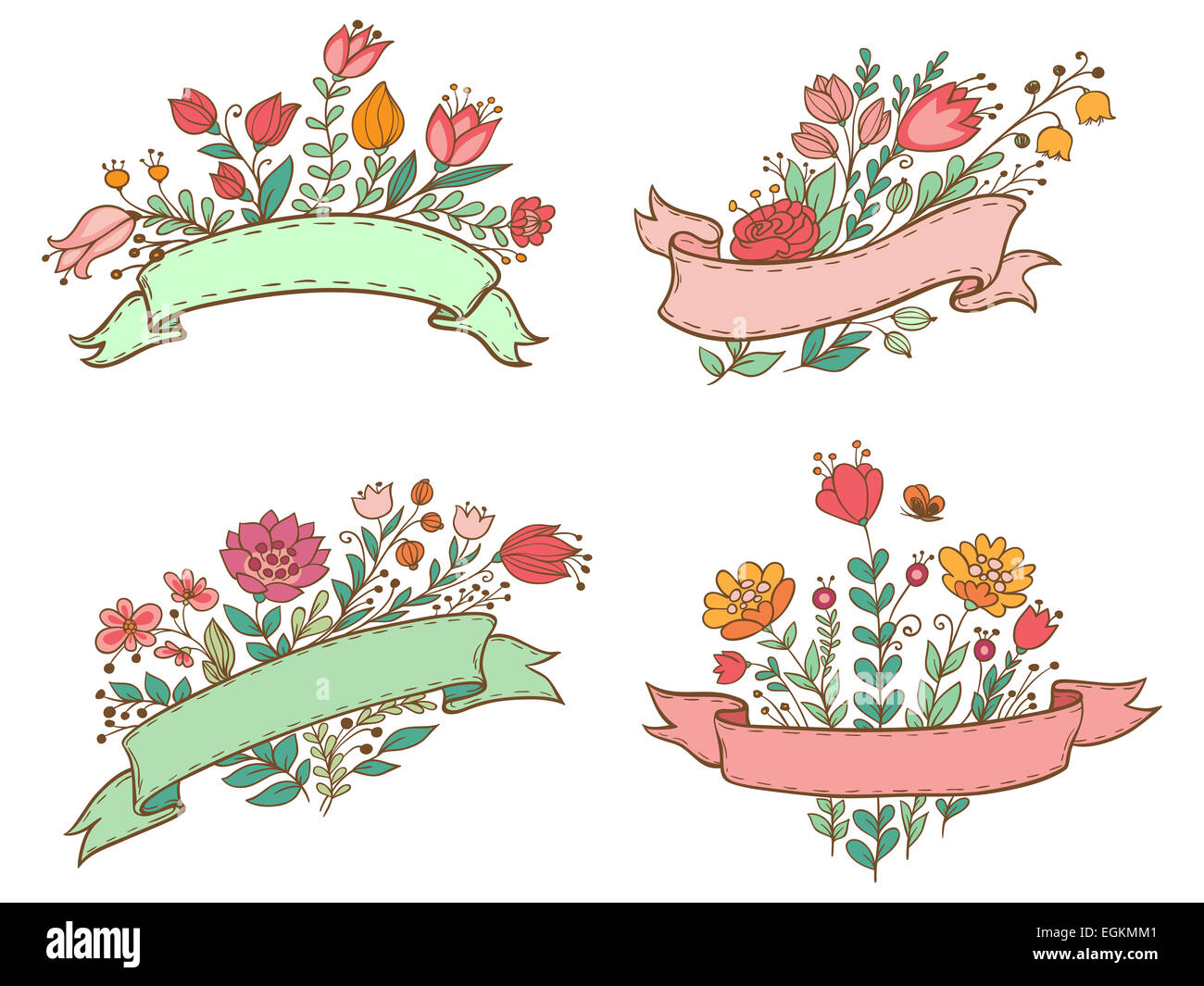 Decorative hand drawn banners with flowers Stock Photo - Alamy