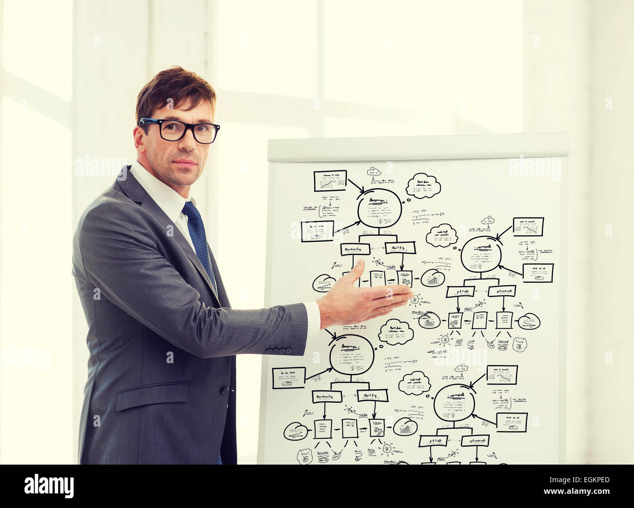 businessman pointing to flip board in office Stock Photo - Alamy