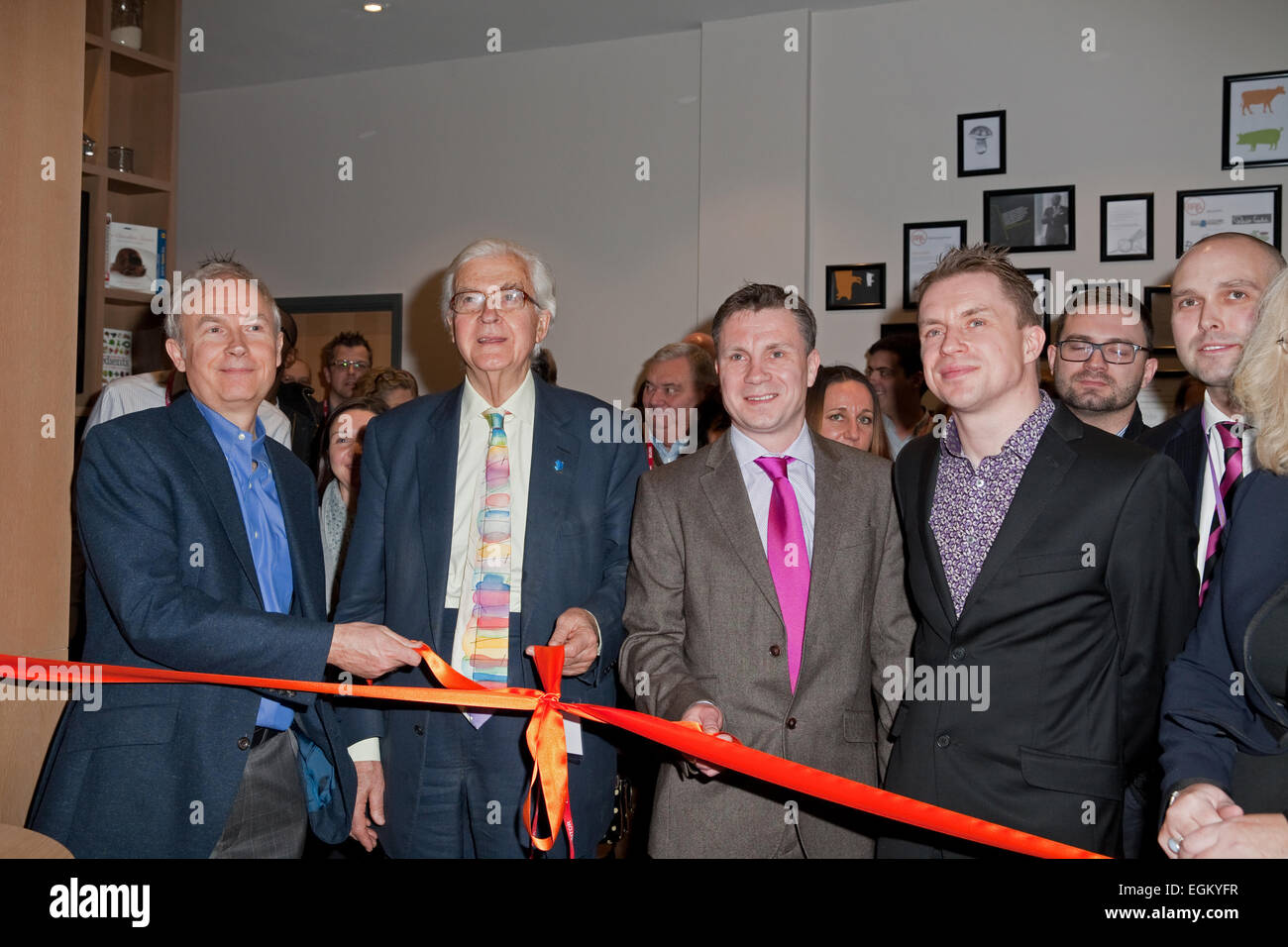 Lord Baker and TV chefs Chris and James Tanner pull the ribbon to open ...