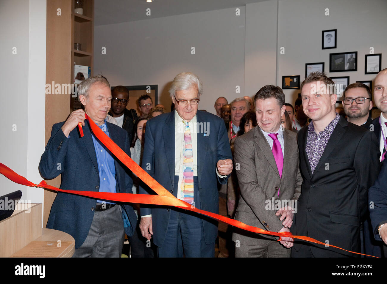 Lord Baker and TV chefs Chris and James Tanner pull the ribbon to open ...