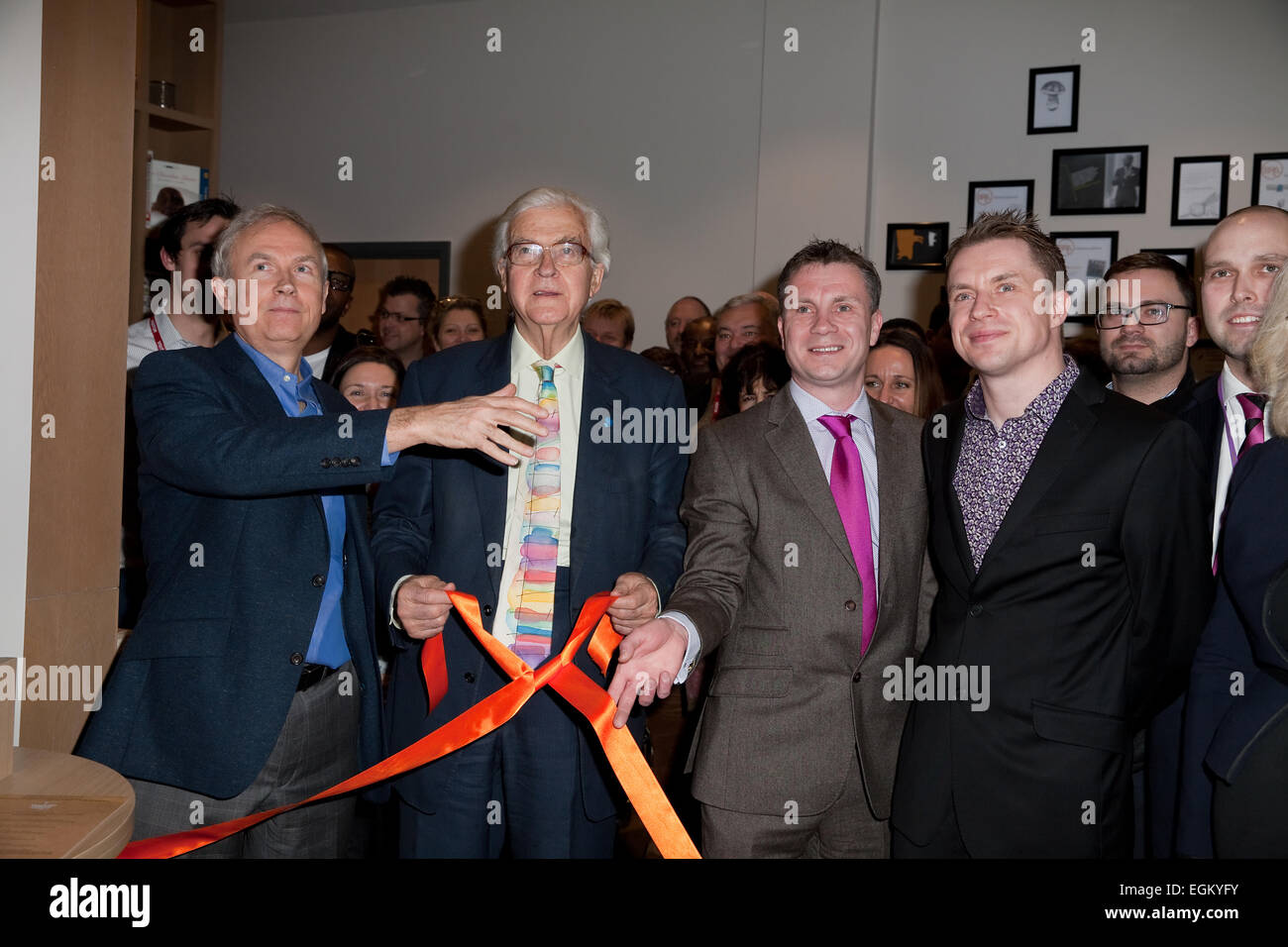 Lord Baker and TV chefs Chris and James Tanner pull the ribbon to open ...