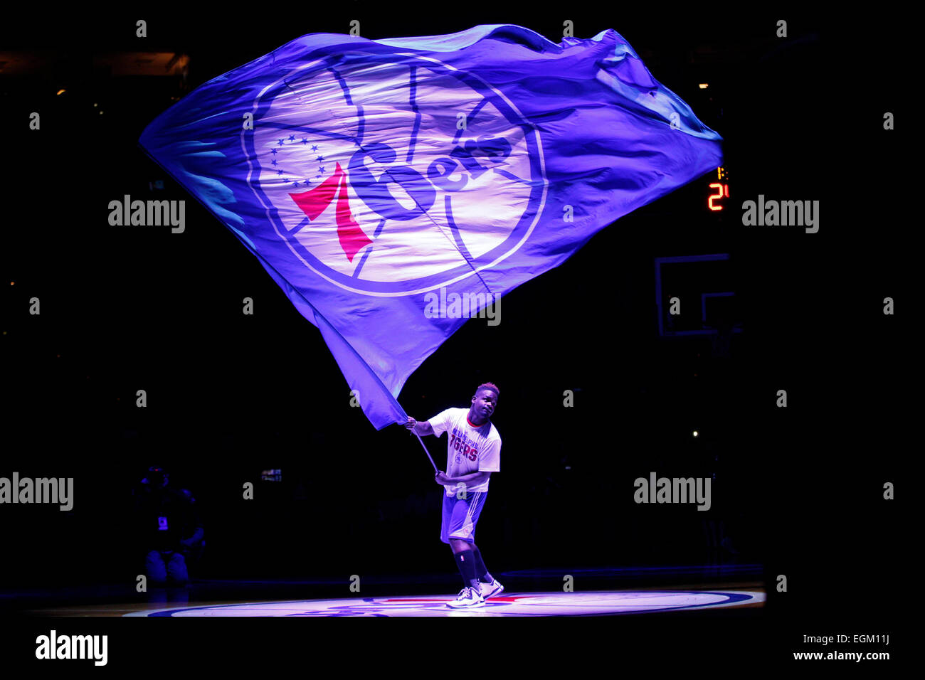 February 20, 2015: The Philadelphia 76ers Flag gets waved prior toing ...