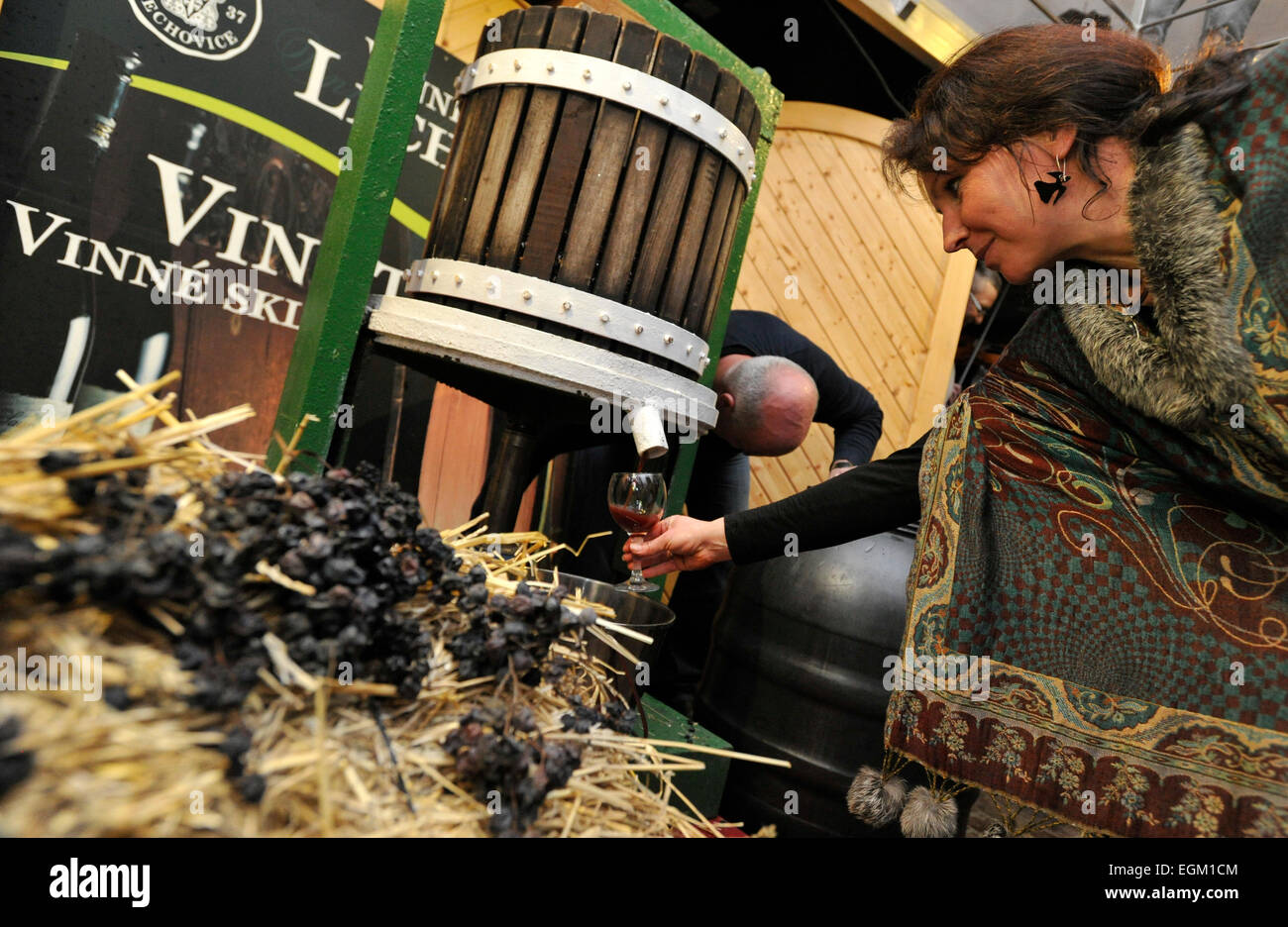 Employees of Lechovice Winery start the process of straw wine pressing ...