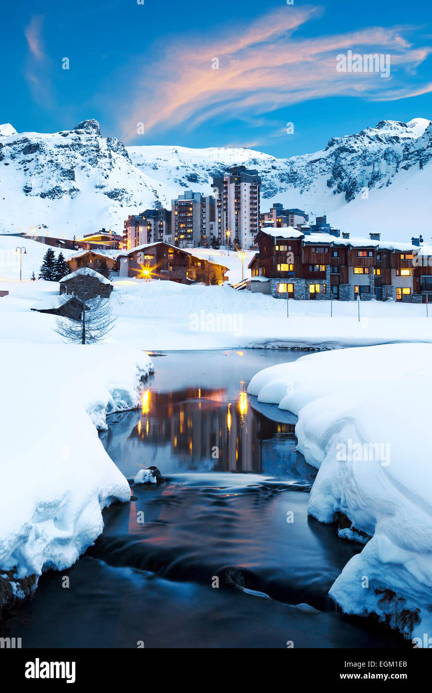 Evening landscape and ski resort in French Alps,Tignes, France Stock ...
