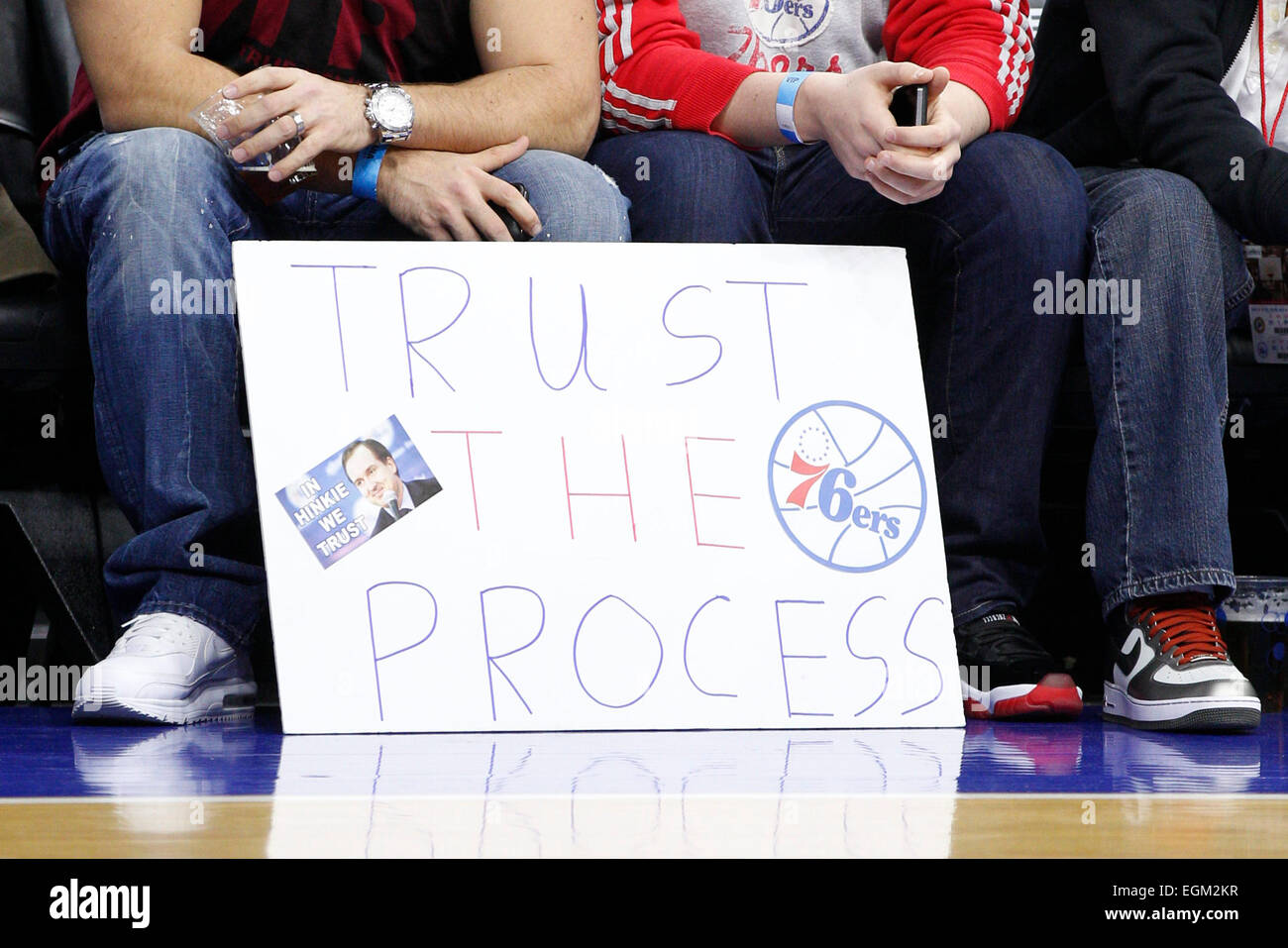 February 20, 2015: Philadelphia 76ers fans with a sign about the team ...
