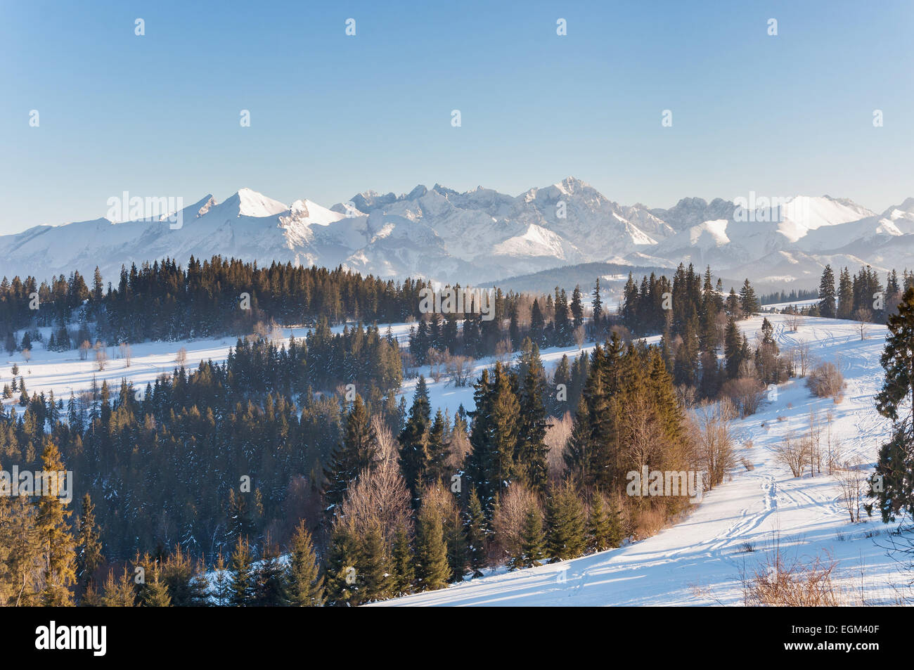 Winter landscape of Tatra Mountains. View from the summit of Kotelnica ...