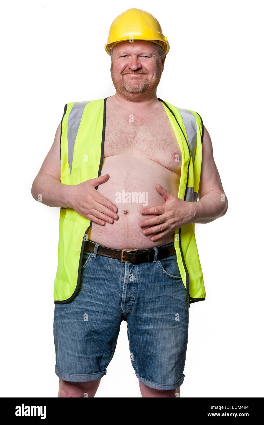 Satisfied happy workman in hardhat, isolated on white Stock Photo - Alamy