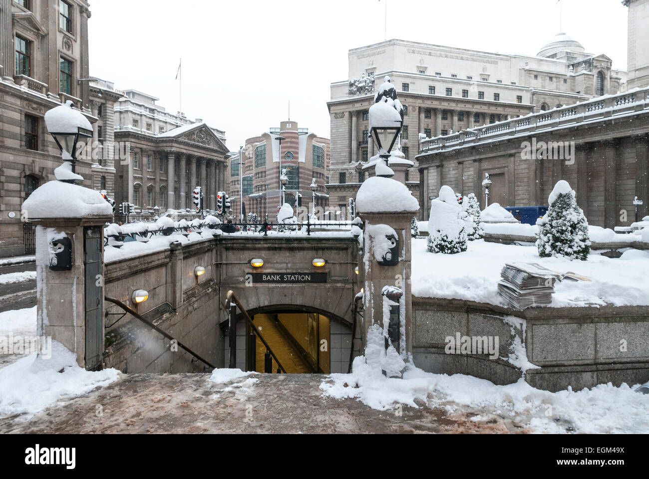 Snow Covered Entrance to Bank Station, City of London, Britain - 02 Feb ...