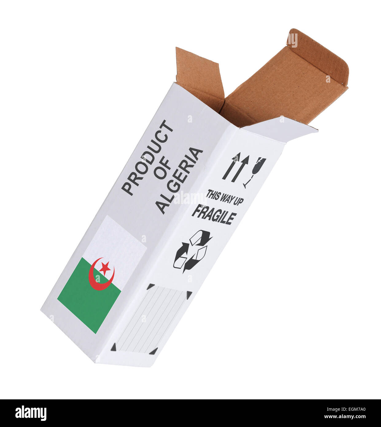 Concept of export, opened paper box - Product of Algeria Stock Photo ...