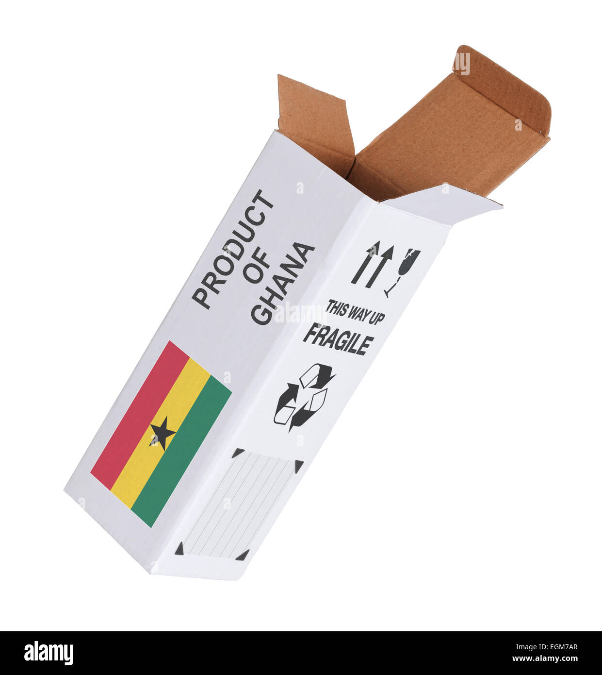 Concept of export, opened paper box - Product of Ghana Stock Photo - Alamy
