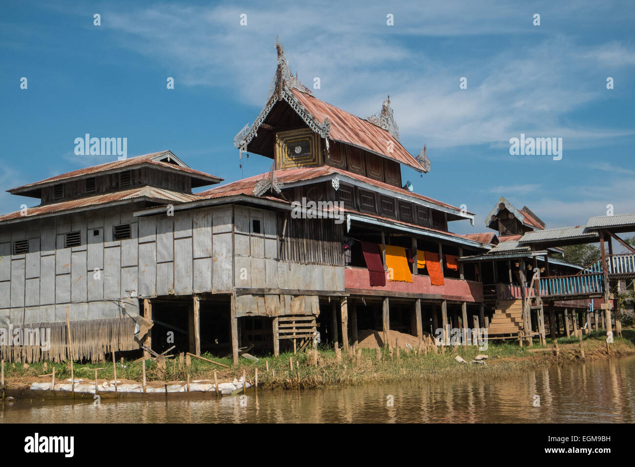 Wooden Nga Phe Kyaung / Jumping Cat monastery on stilts in Inle Lake ...