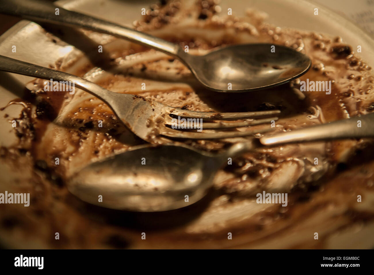 Chocolate Dessert Plate with Two Spoons and Fork Stock Photo - Alamy