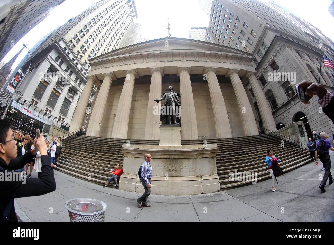 The Bronze statue of George Washington on the front steps of Federal ...