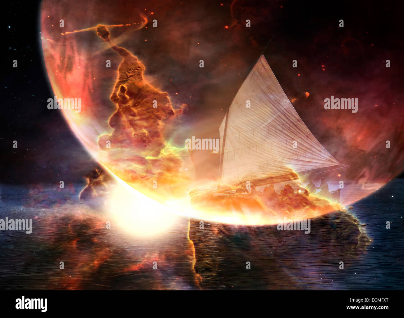 Science fiction concept with a sailing ship in space using ...