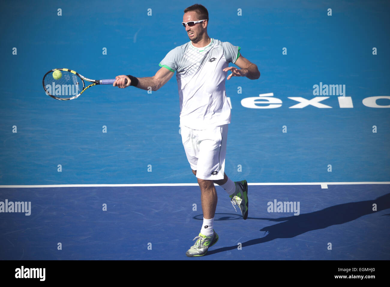 Acapulco, Mexico. 26th Feb, 2015. Serbia's Viktor Troicki returns the ...