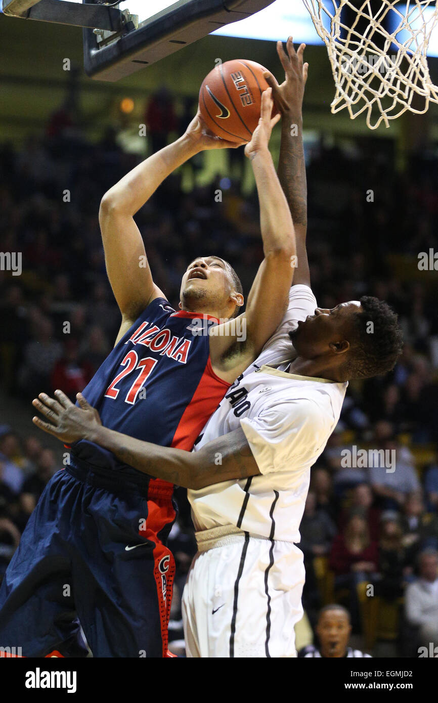 Boulder. 26th Feb, 2015. Arizona forward Brandon Ashley has his shot ...