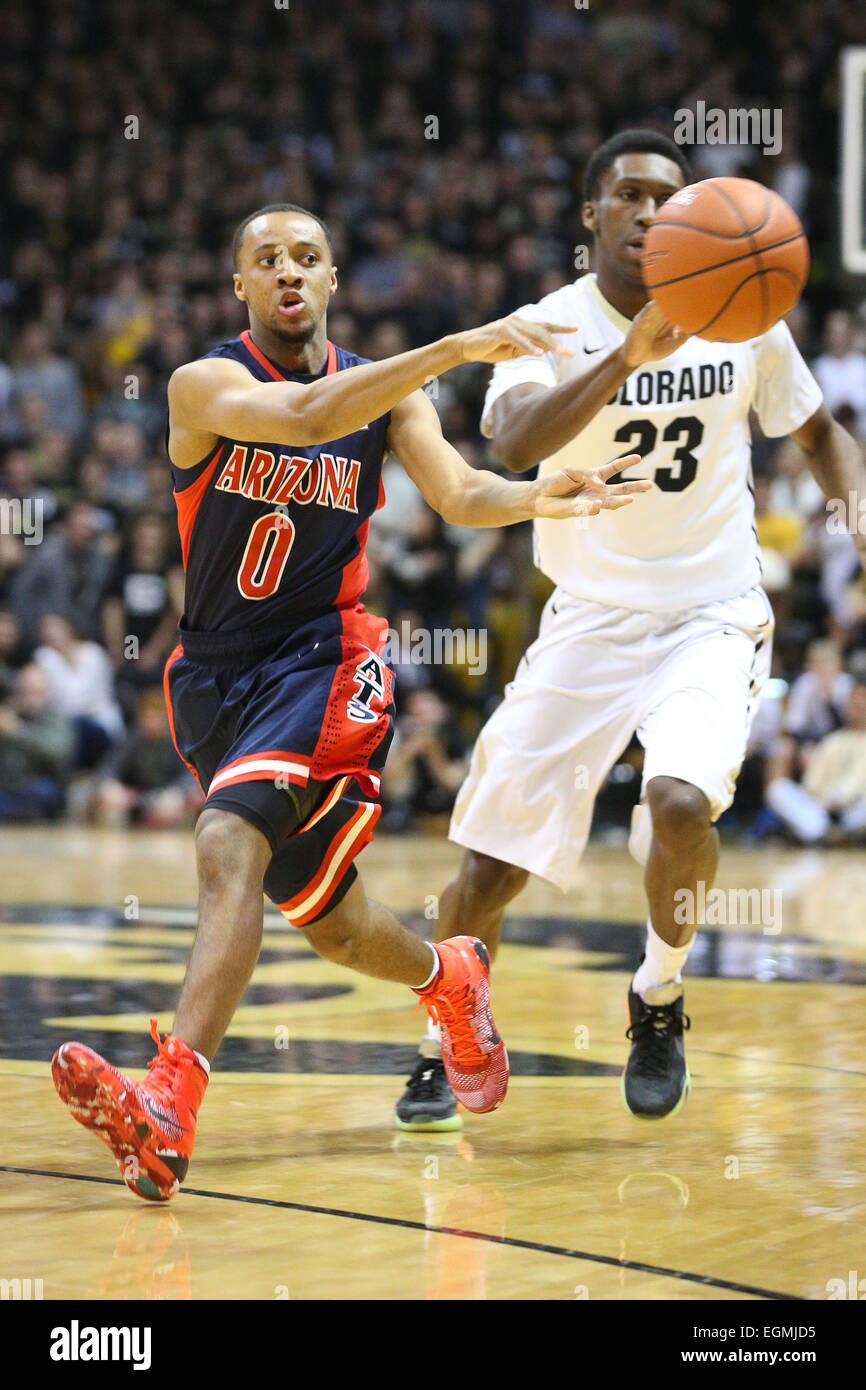 Boulder. 26th Feb, 2015. Arizona guard Parker Jackson-Cartwright passes ...