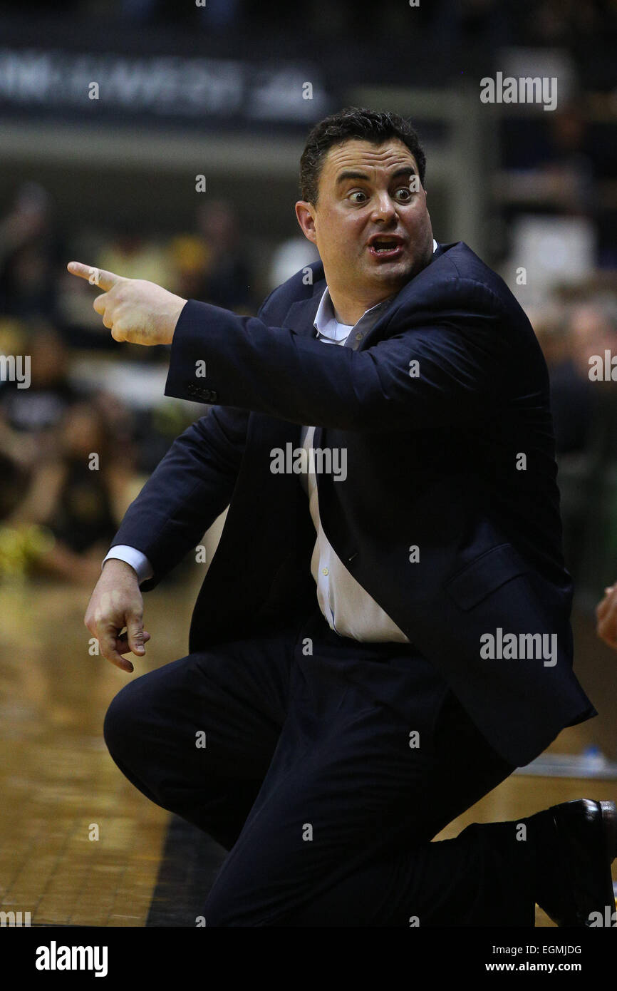 Boulder. 26th Feb, 2015. Arizona coach Sean Miller points to the court ...