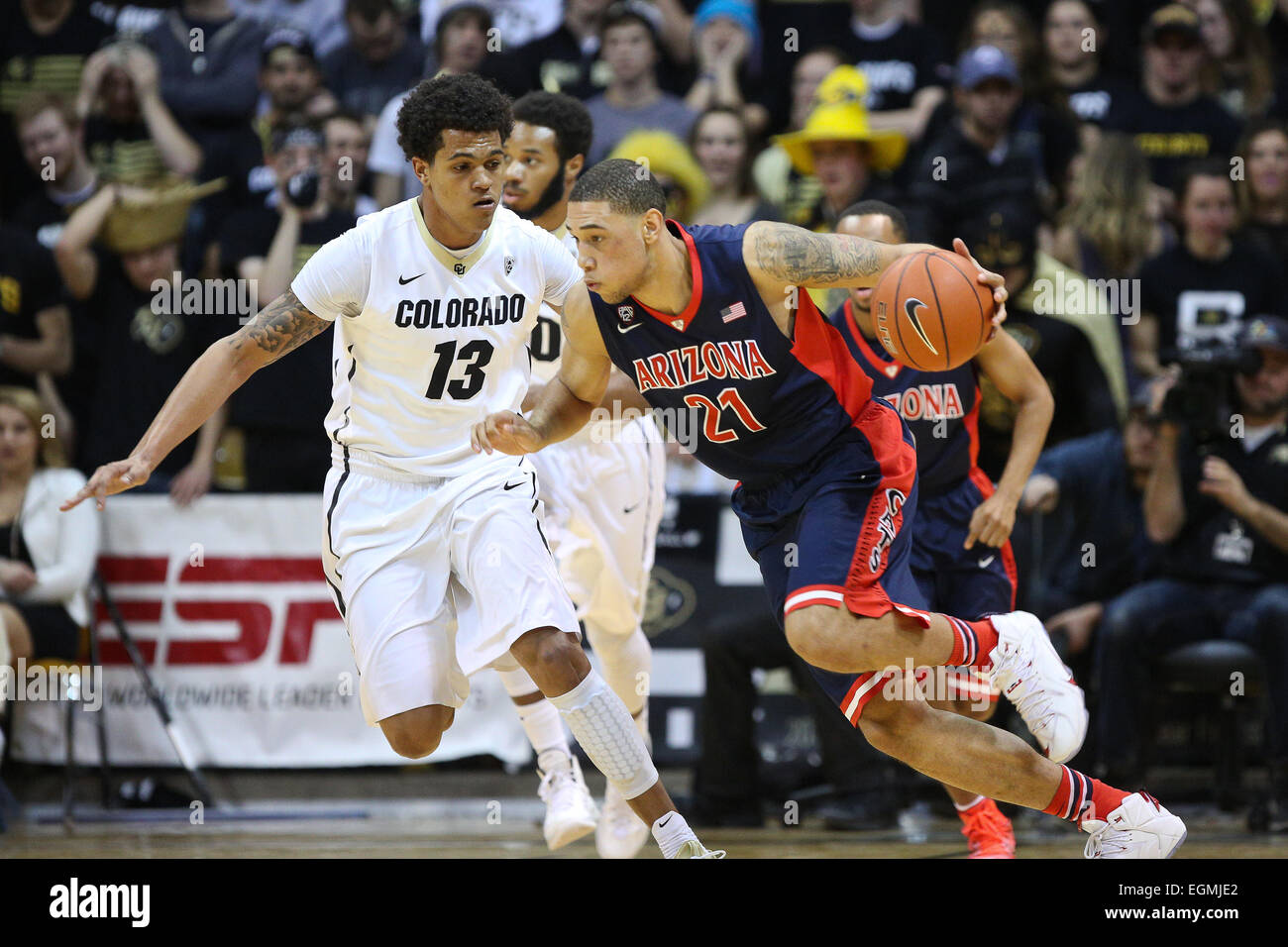 Boulder. 26th Feb, 2015. Arizona forward Brandon Ashley drives past ...